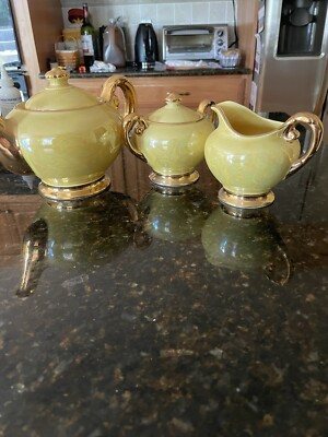VINTAGE 1940’s ACME CRAFTWARE 22KT GOLD TRIM TEAPOT SUGAR BOWL CREAMER ...