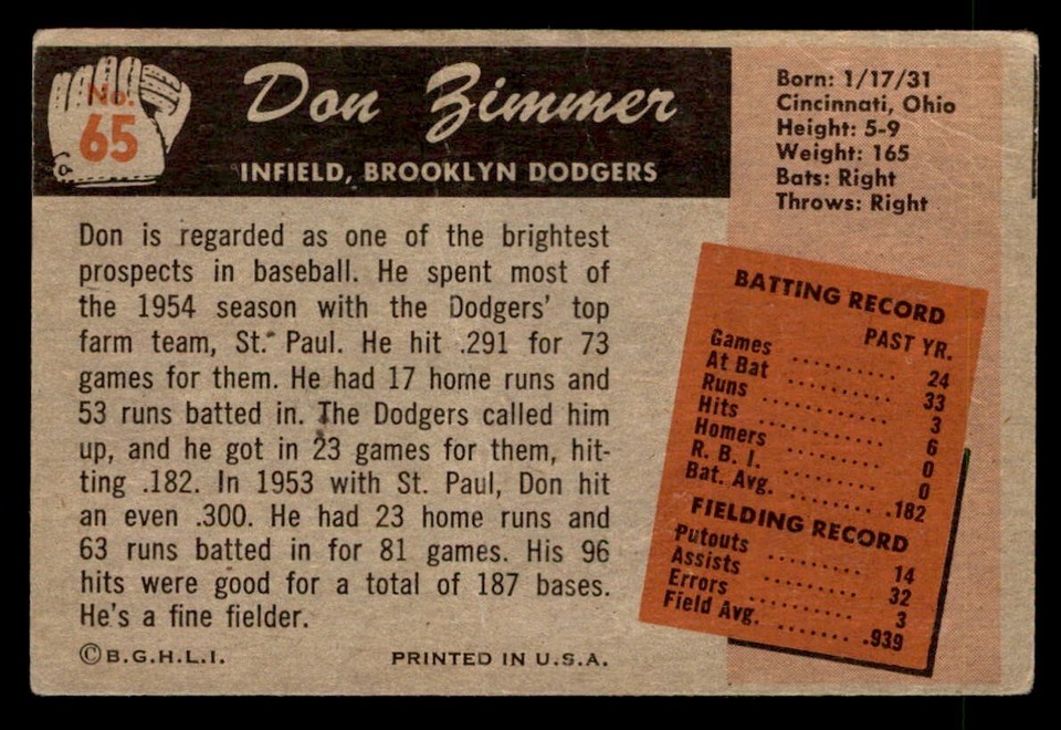 1955 Bowman Baseball #65 Don Zimmer PR *e1 | eBay