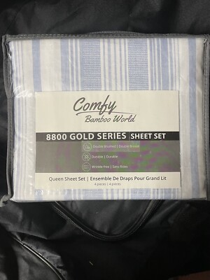 Comfy Bamboo World Queen Size 4 Piece Sheet Set Blue & White Stripe ...