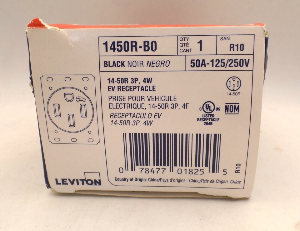LEVITON R10-1450R-0B0 14-50R 50A 125V/250V EV CHARGING SINGLE OUTLET ...