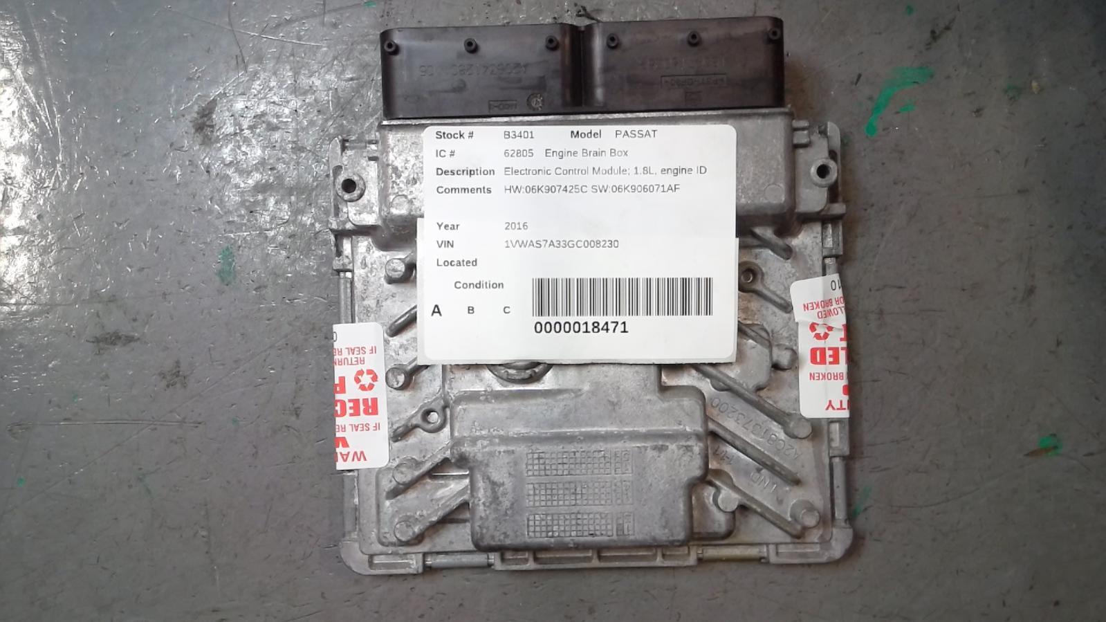 VOLKSWAGEN PASSAT Engine Control Module; 1.8L HW:06K907425C SW ...