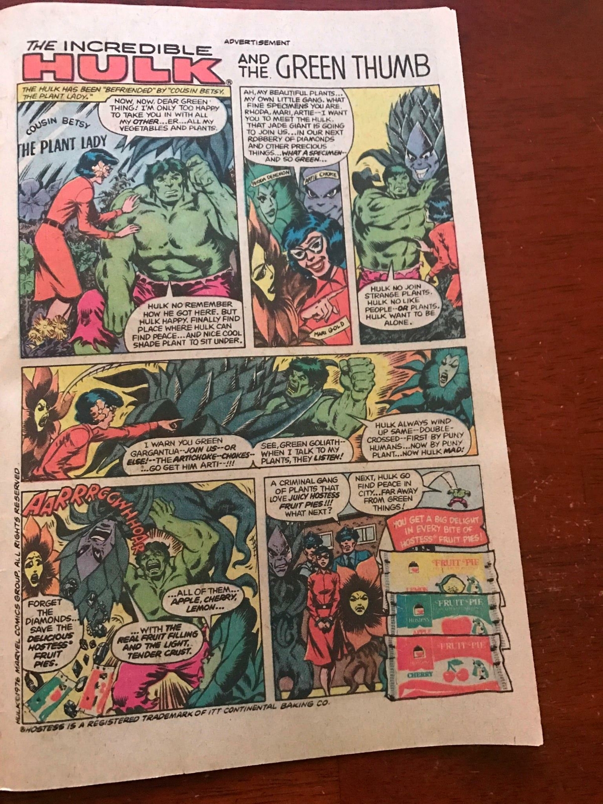 1976 VINTAGE 6X10 COMIC PRINT AD Hostess FRUIT PIES MARVEL THE HULK ...
