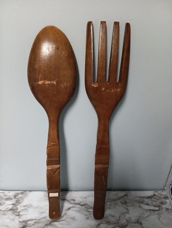 Mid Century, Hand Carved Wooden Tiki Fork And Spoon Set | eBay