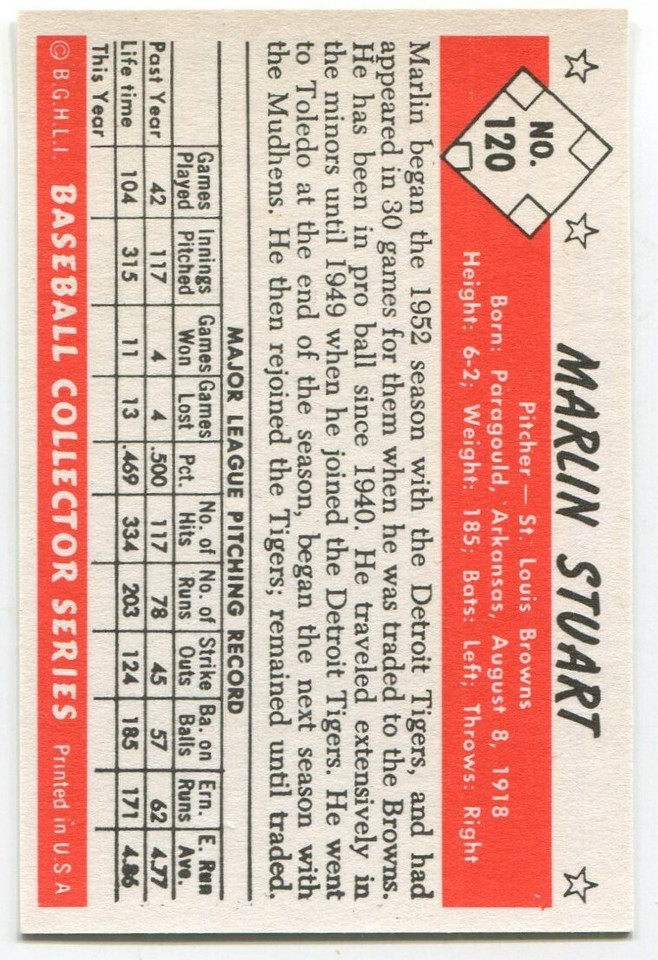 1983 CCC reprint - 1953 Bowman #120 Marlin Stuart St. Louis Browns | eBay