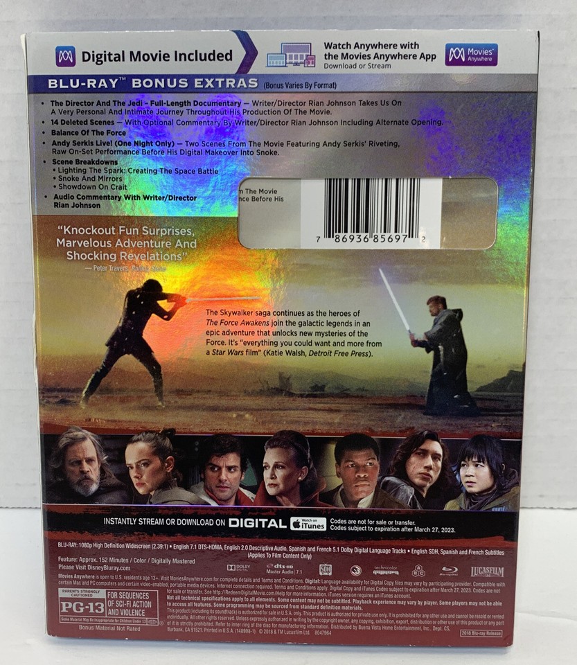 Star Wars: The Last Jedi Blu-Ray Excellent Condition No Code With Slip ...
