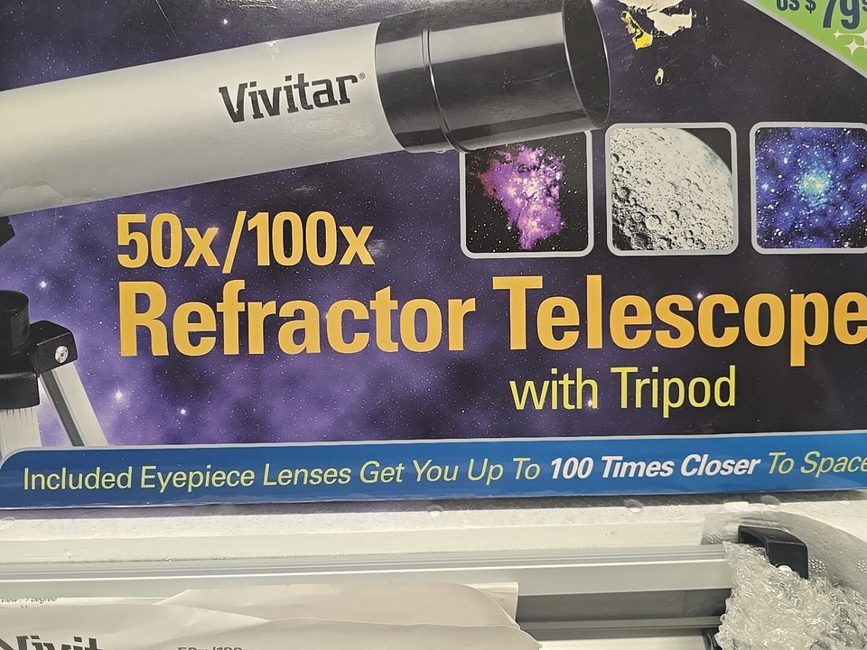 VIVITAR 50x/100x REFRACTOR TELESCOPE w/TRIPOD Lens Cap Silver & Black ...