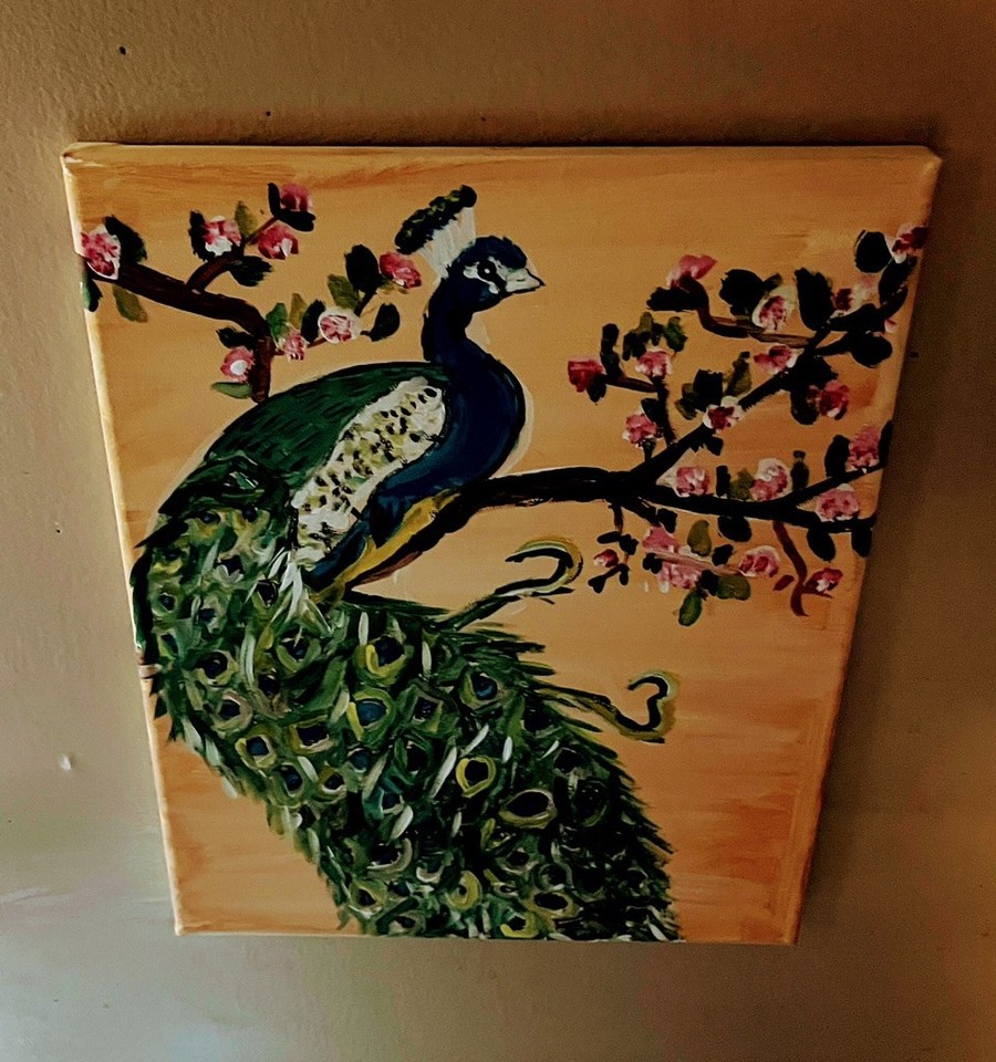Beautiful Colorful Peacock On A Tree Branch, 11x14 Acrylic Canvas ...