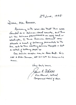 James Stockade. Viet Nam Medal of Honor Signed letter. "Not a bible ...