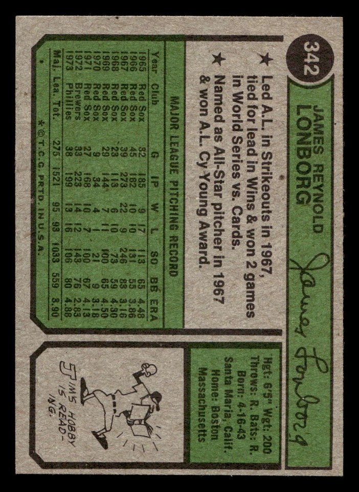 1974 Topps #342 Jim Lonborg Near Mint+ Phillies | eBay
