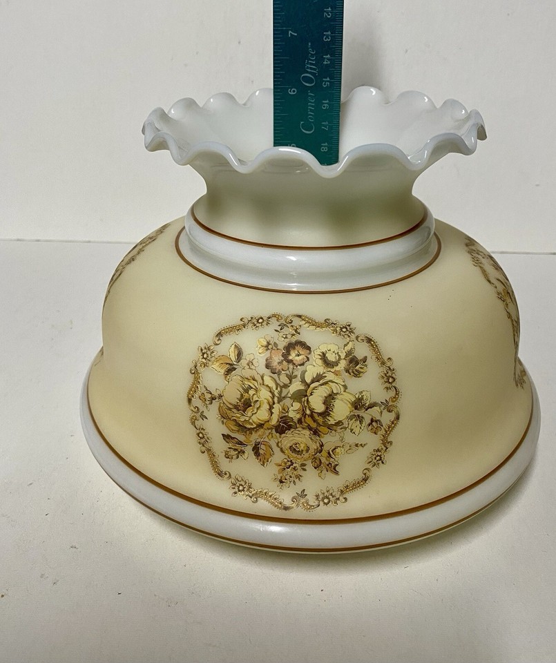 Vintage Milk Glass Hurricane Lamp Shade w/ Brown Floral Design 11" Tall ...