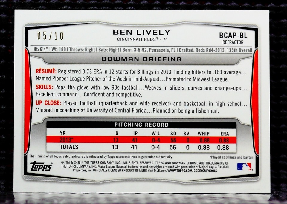 BEN LIVELY - 2014 BOWMAN CHROME AUTOGRAPH CARBON FIBER REFRACTOR #ED/10 ...