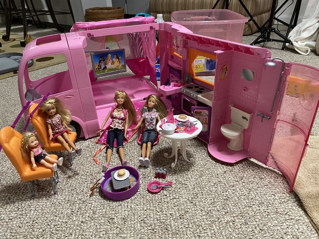 Barbie Pink Glamour Camper with 4 Dolls and All Accessories | eBay