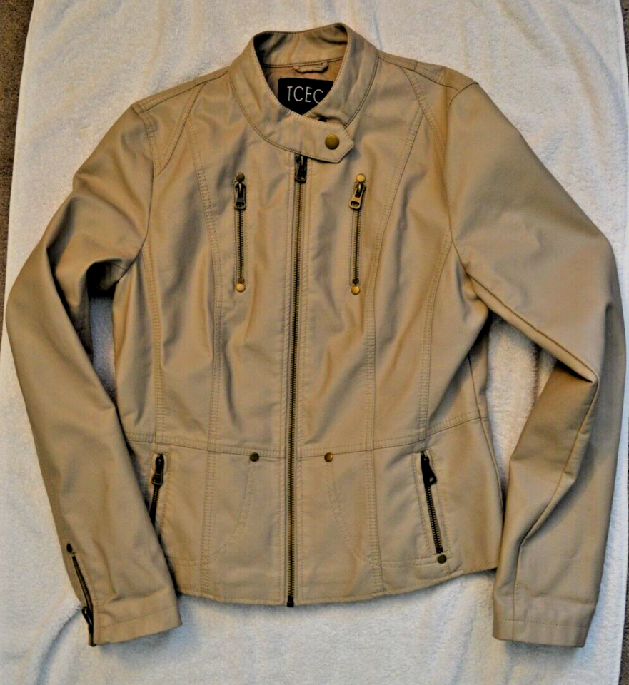 TCEC Faux Leather (pleather) Moto Jacket - Size Large Cream bronze ...
