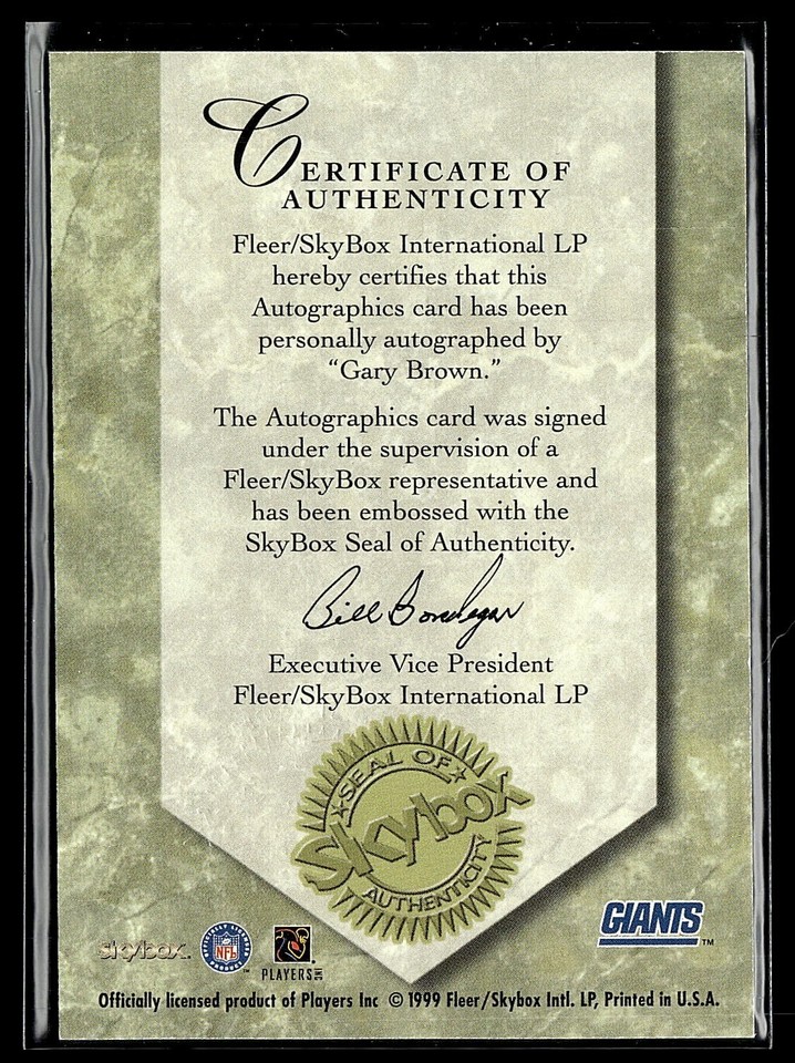 1999 SKYBOX PREMIUM AUTOGRAPHICS RED FOIL #10 GARY BROWN #ED 8/50 SSP ...