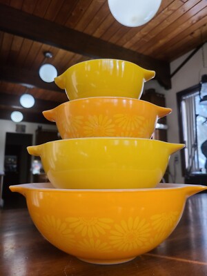 Vintage Pyrex Daisy Sunflower 441 442 443 444 Cinderella Nesting Bowl ...