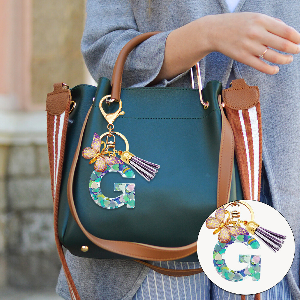 Resin Blue Butterfly Keychain Alphabet G Keyring with Tassel for Car ...