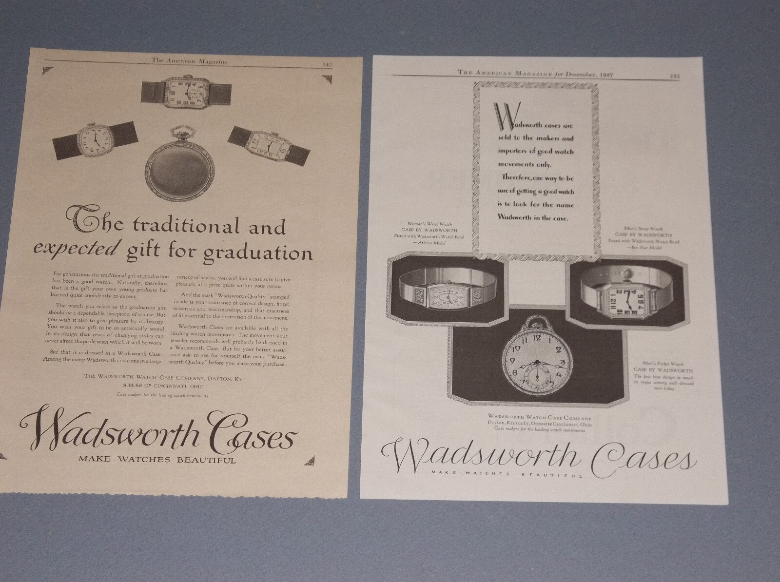 2 1926-1927 WADSWORTH CASES ADS WADSWORTH WATCH CASE COMPANY ADS | eBay