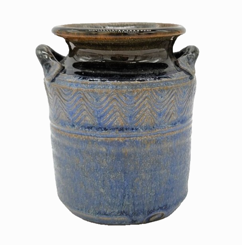 Vintage Studio Art Pottery Vase Handmade Dark Blue Etched Waves ~Artist ...