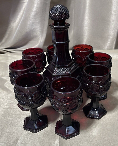 Avon Cape Cod Ruby Red Glass Wine Decanter Set, Six-4oz Cordial Goblets ...