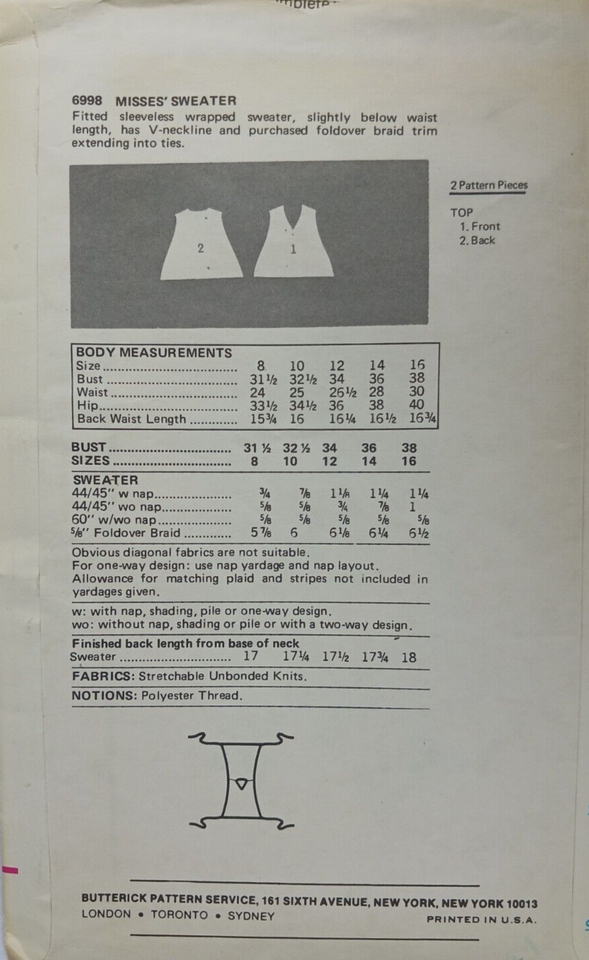 FF Sz 14 Butterick Pattern 6998 Misses Sweater | eBay