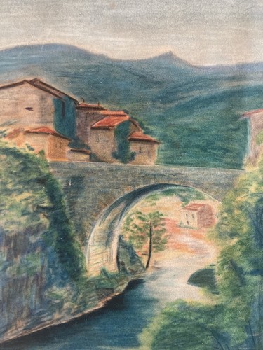 Beautiful Charcoal Drawing Village Roman Bridge Stone River 1960 Art To ...