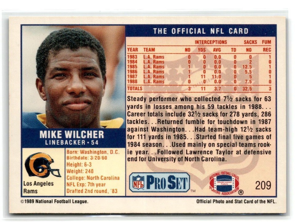 1989 Pro Set FOOTBALL #209 Mike Wilcher Los Angeles Rams | eBay