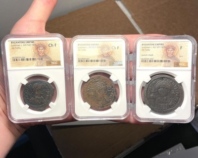 Lot of 3 Rare Ancient Byzantine Coins, Justinian I, 527-565AD. NGC ...