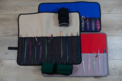 1 Fishing 12 Pocket Lure Bag Roll-Up Slow Flat Fall Vertical Jig Wrap ...