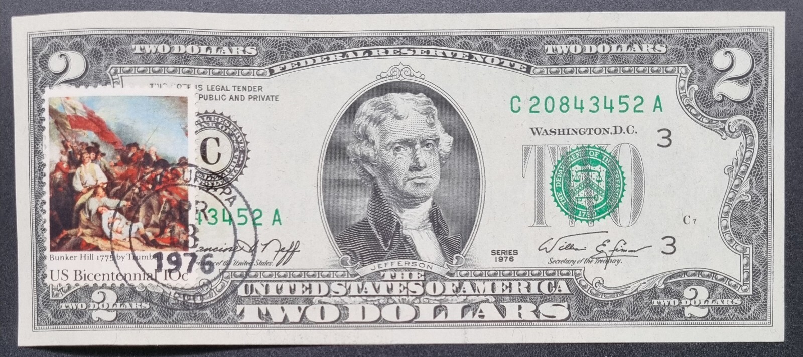 1976 Two Dollar Federal Reserve Note $2 First Day of Issue Postmarked ...