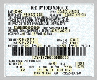 A Replica VIN Label Sticker for Ford USA Quality 2U5A-5420472-AA ...