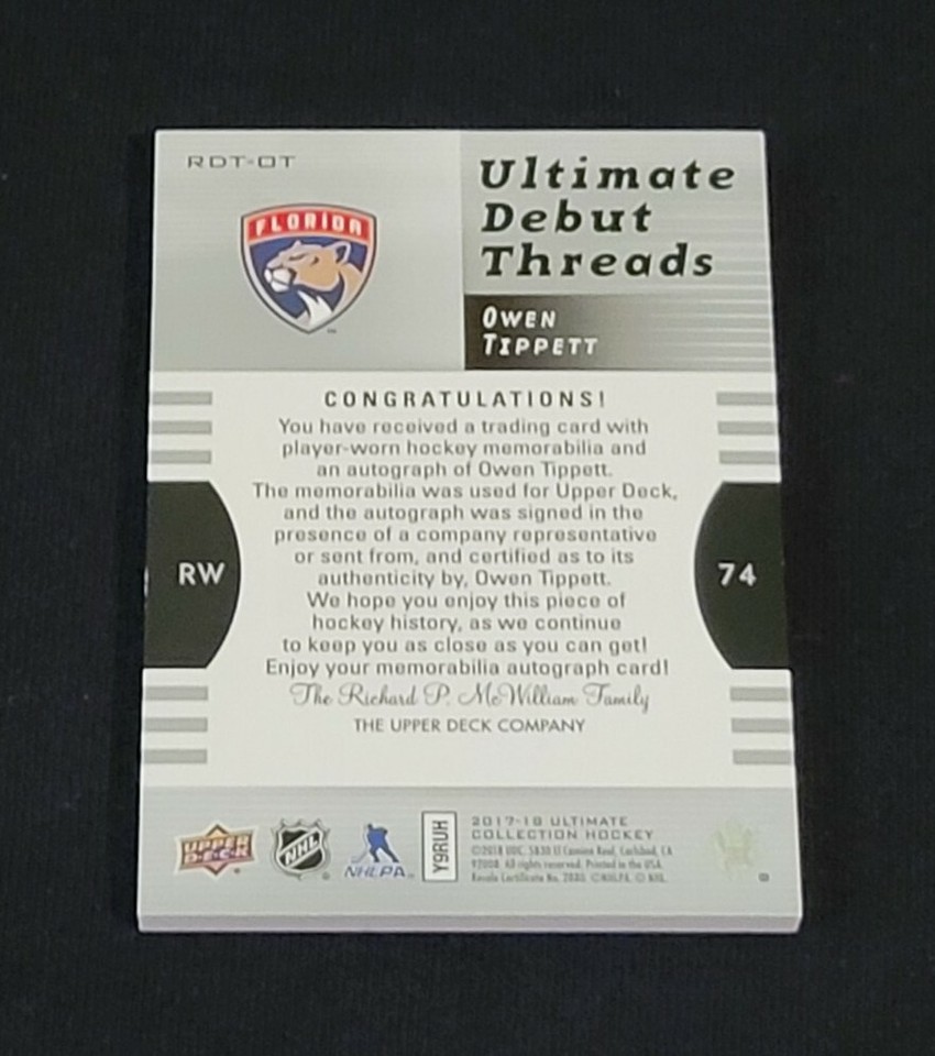 2017-18 Ultimate Collection OWEN TIPPET RC 3 COLOR PATCH ON CARD AUTO ...