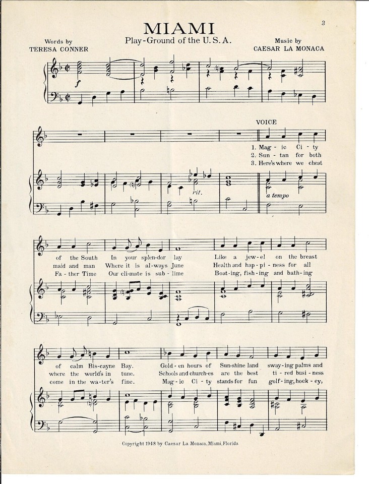 rare MIAMI from PLAYGROUND OF THE U.S.A. Sheet Music 1948 Caesar La ...