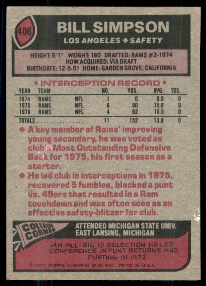 1977 Topps Bill Simpson Rookie Los Angeles Rams #406 | eBay