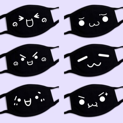 Black Lovely Anime Emoticon Mouth Kawaii Kaomoji Washable Face Mask | eBay