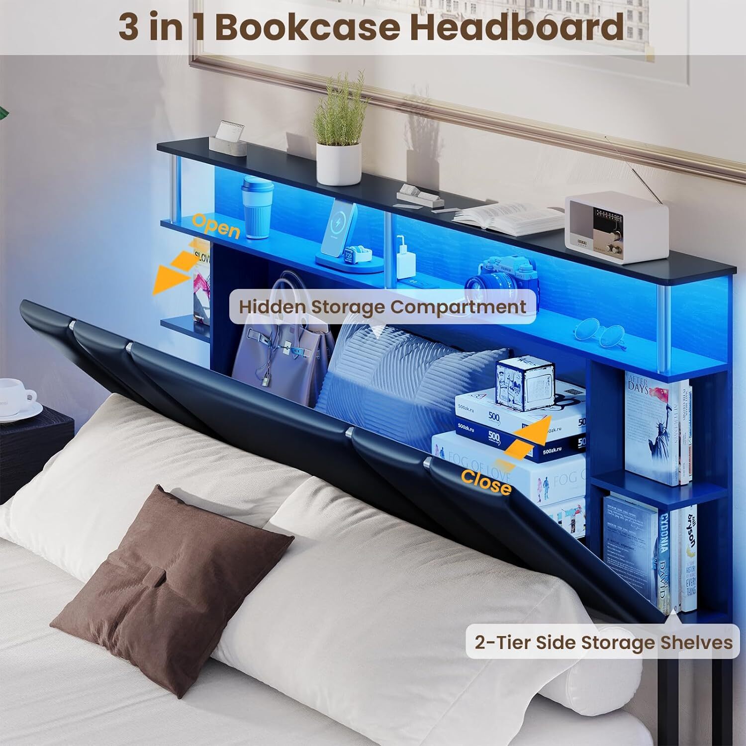 LED Bed Frame with Storage Headboard & Drawer Leather Upholstered Bed ...