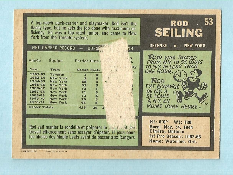 1971-72 OPC O-Pee-Chee Hockey Rod Seiling #53 New York Rangers LOW ...