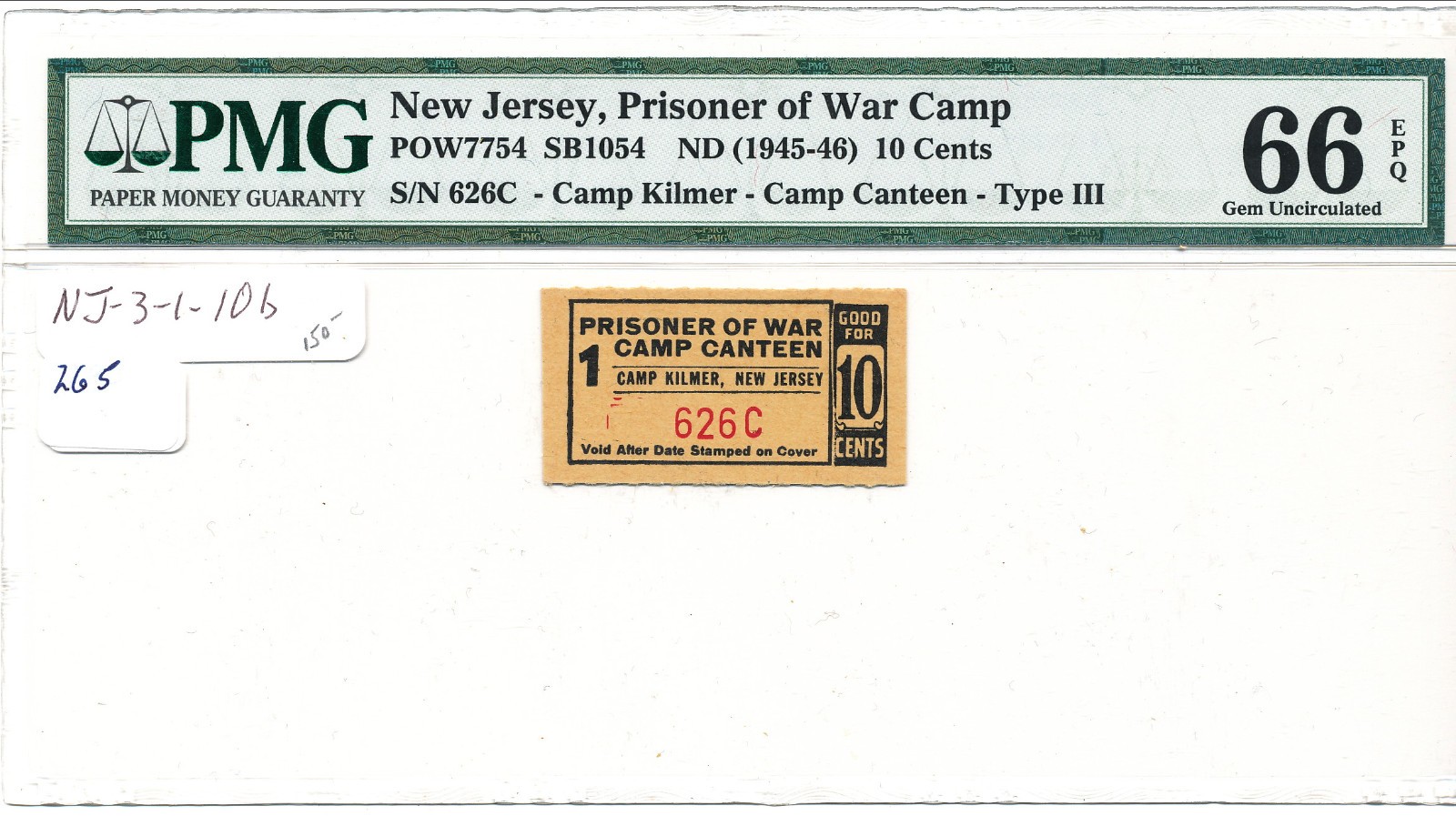USA WWII POW Camp Chits NJ-3-1-10b 10 Cents Kilmer, NJ Prisoner of War ...