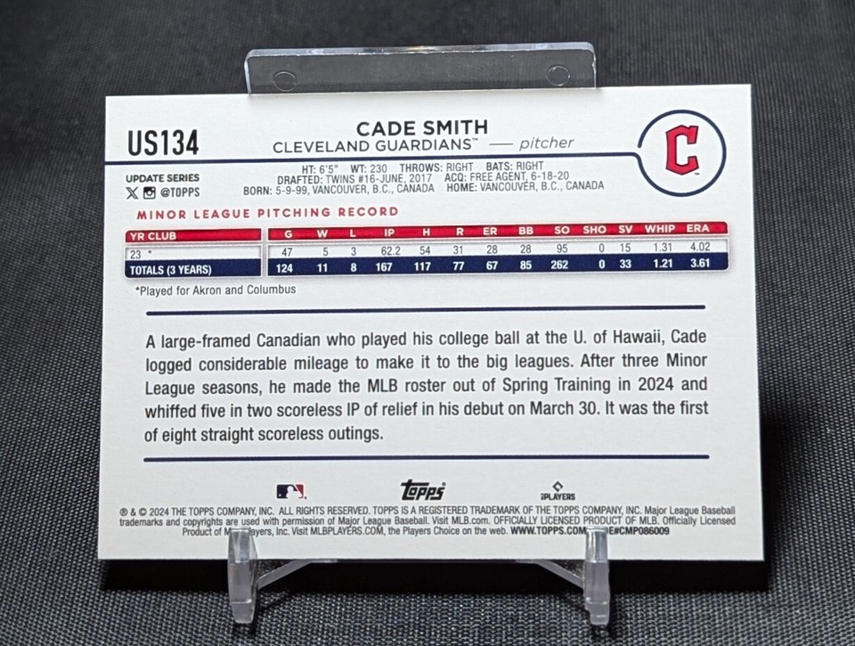 Cade Smith Rookie RC 2024 Topps Update Series Card #US134 Cleveland ...