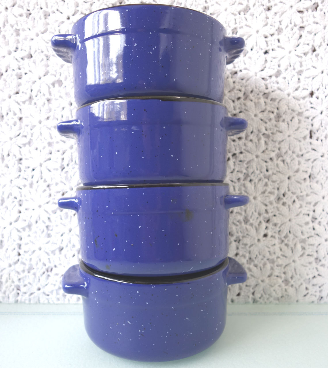 4 MINI COCOTTE, Ramekin, Baking Dish STONEWARE BLUE white specs Von Pok ...