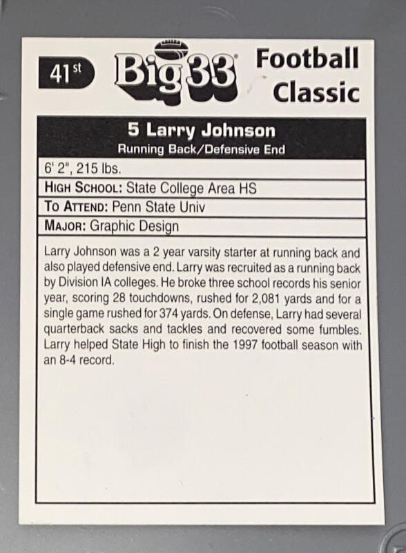 Larry Johnson Penn State College Area High School Big 33 Rookie Kansas ...