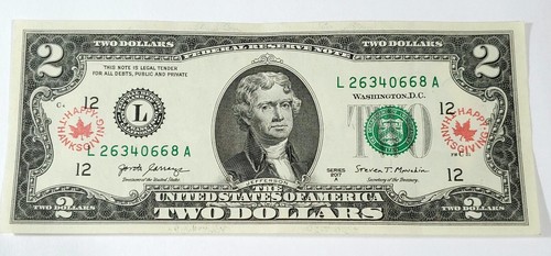 🇺🇸 1 NEW LUCKY Uncirculated Two Dollar Bill With Special Thanksgiving ...