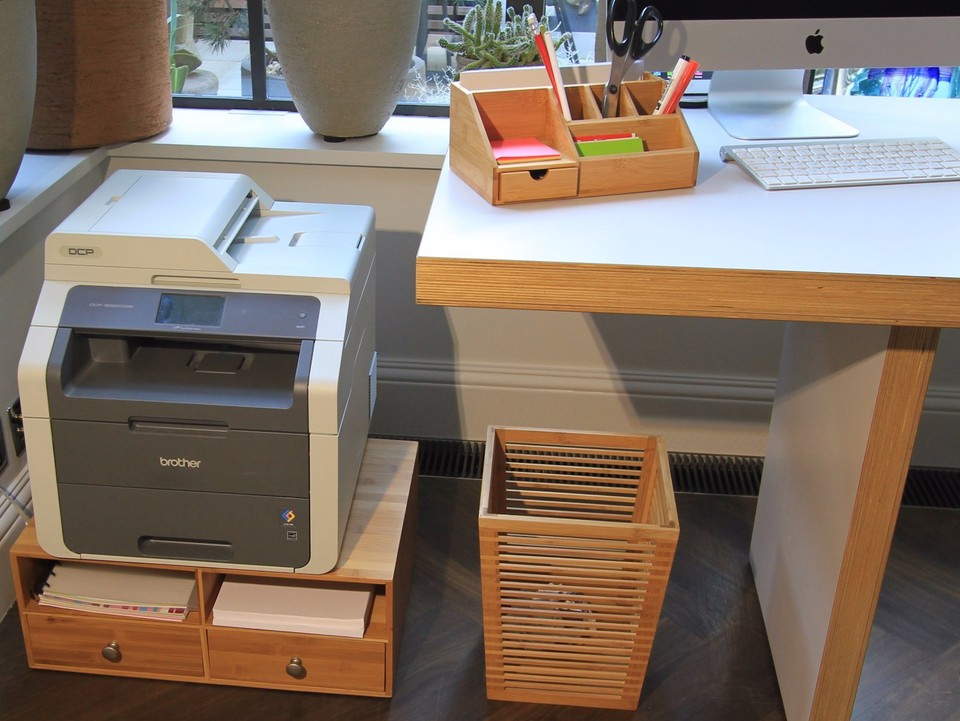 Bamboo Printer Monitor Stand Desk Tidy with Drawers Home Office Storage ...