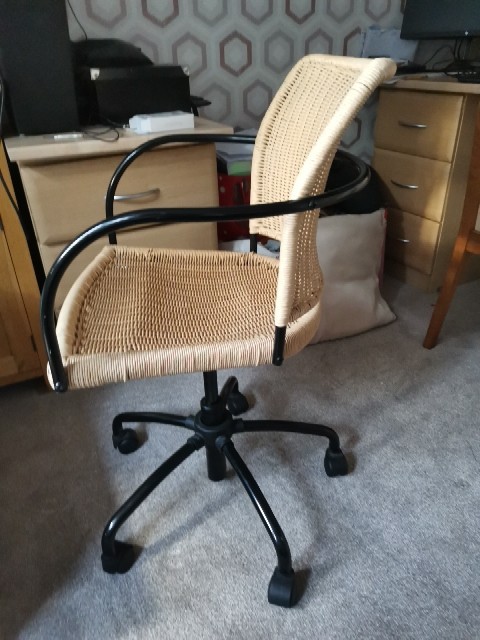 Stylish Swivel Rattan and Black Metal Office Desk Chair with Armrests ...