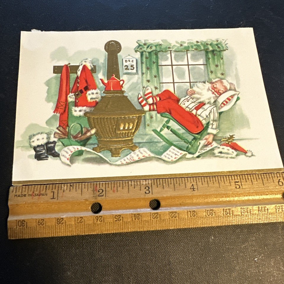Vtg Christmas Card Santa FRONT ONLY MCM Sleeping Rocking Chair Pot ...