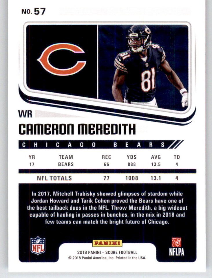 2018 Score Cameron Meredith NFL PWE Base Card Bears #57 | eBay