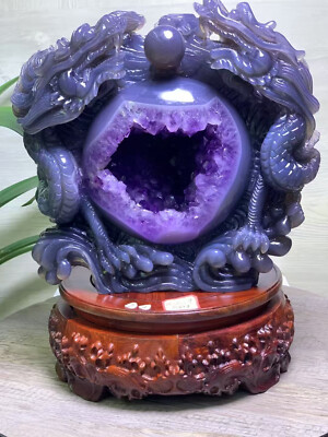 Natural Uruguay Amethyst Agate geode quartz crystal Carved dragon ball ...