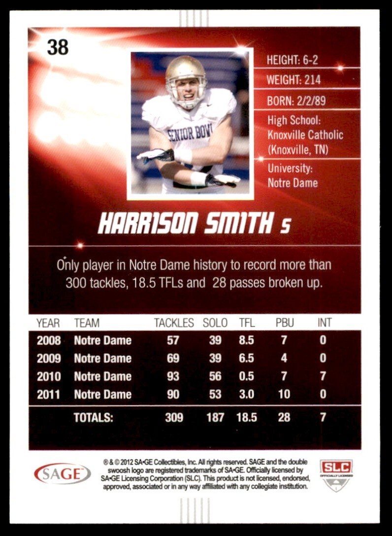 2012 SAGE HIT Harrison Smith Notre Dame Fighting Irish #38 | eBay