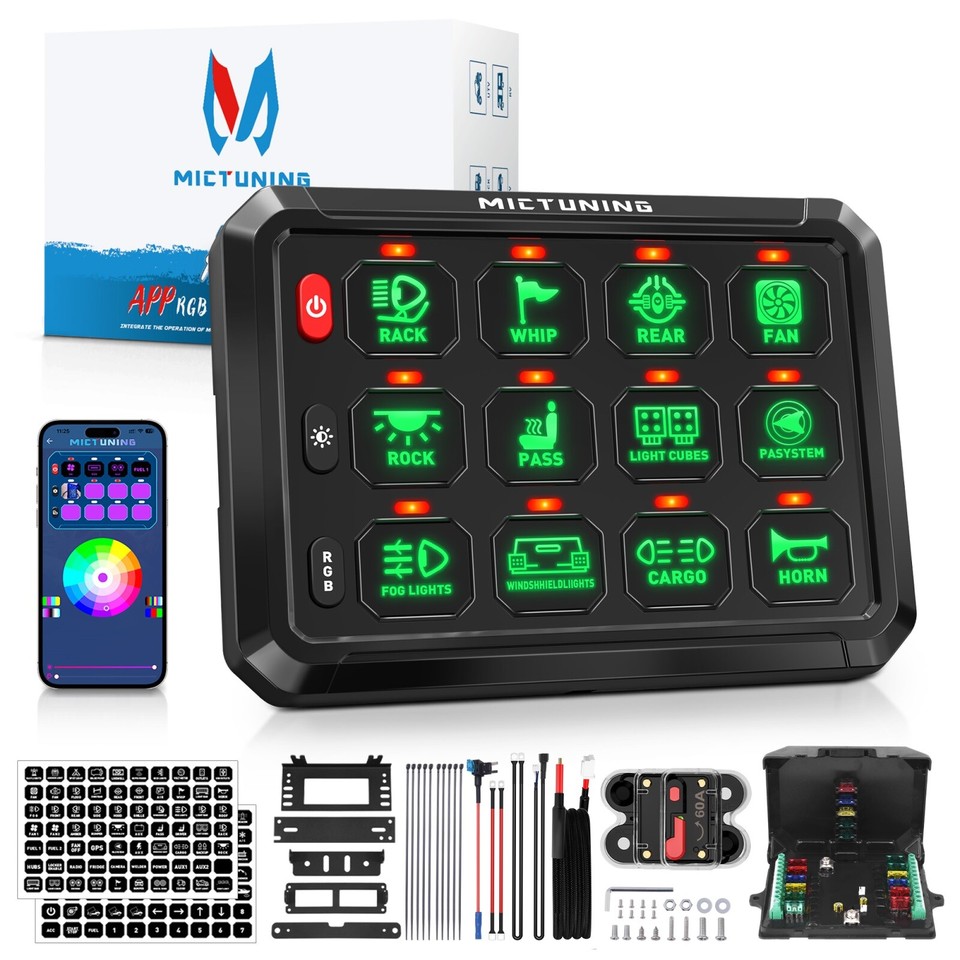 MICTUNING Bluetooth 12 Gang Switch Panel RGB Led Auxiliary ON-OFF Relay ...