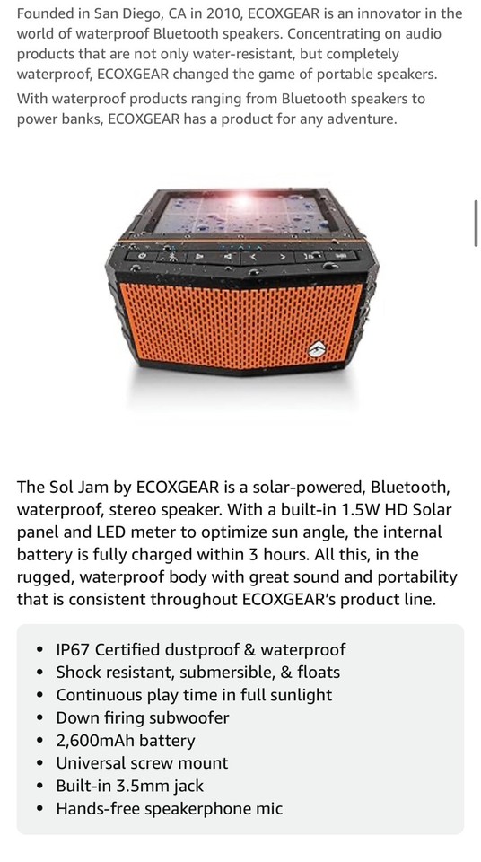 ECOXGEAR Sol Jam Solar-Powered Waterproof Bluetooth Portable Speaker ...