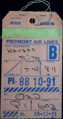 Piedmont Airlines Baggage Tag Stub Interline Transfer Flight Kansas ...